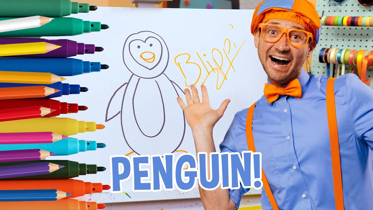 How To Draw A Penguin | Draw with Blippi | Arts and Crafts For Toddlers ...