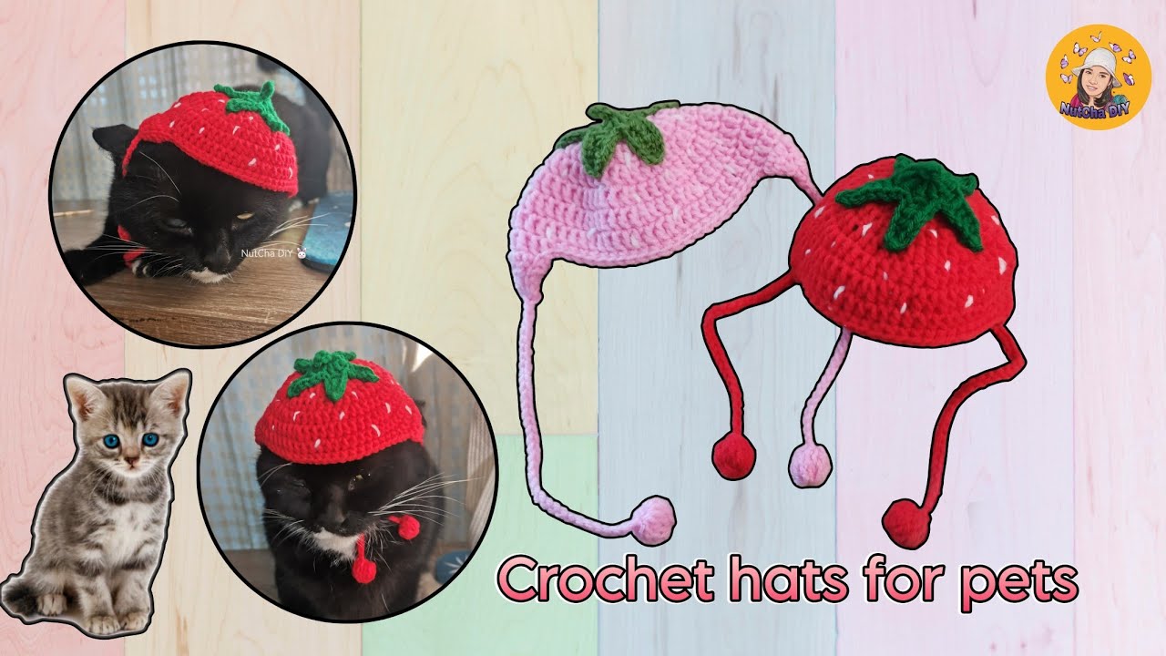 how to crochet a strawberry hat for a cat.🍓|ถักหมวกโครเชต์สำหรับสัตว์ ...