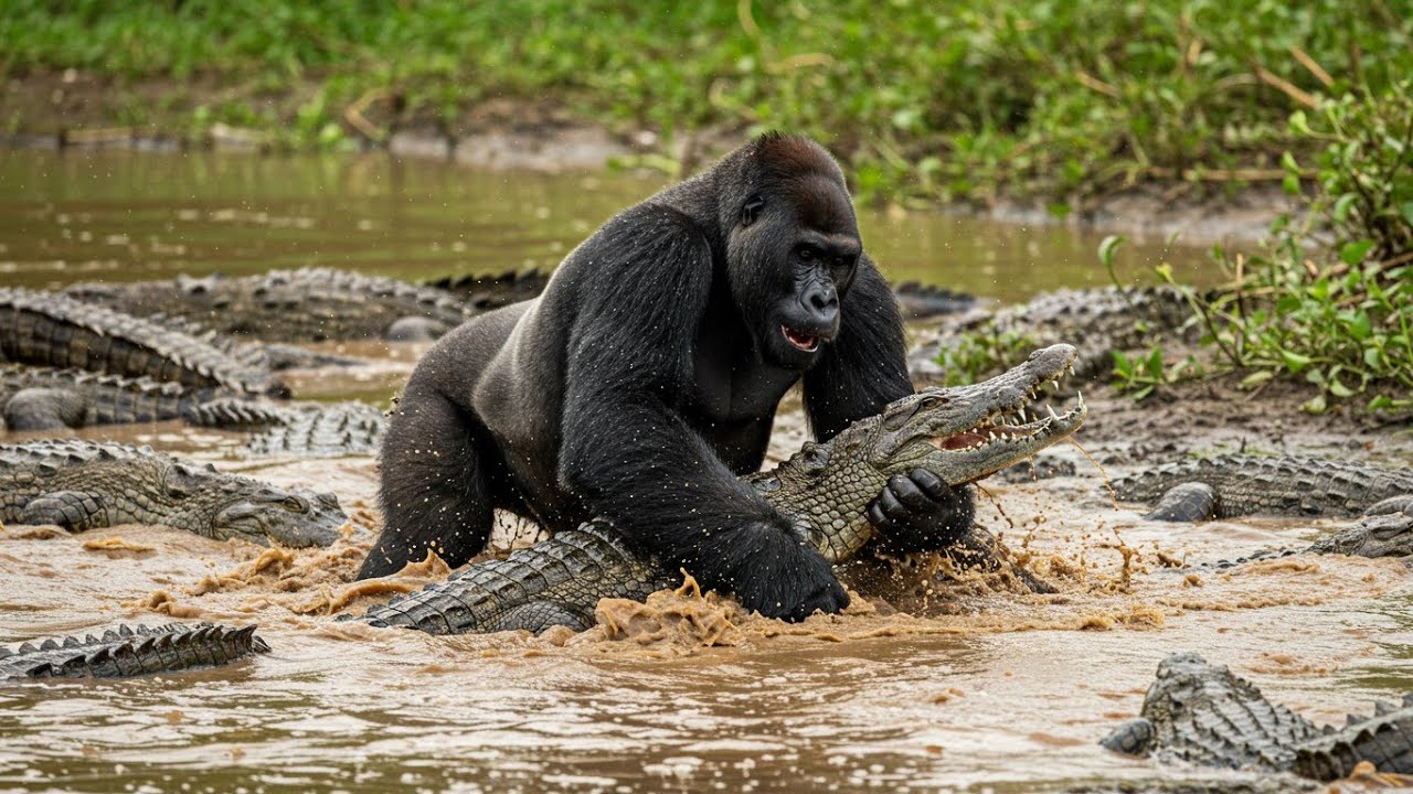 Gorilla Jump From the tree to bite Crocodiles - YouTube