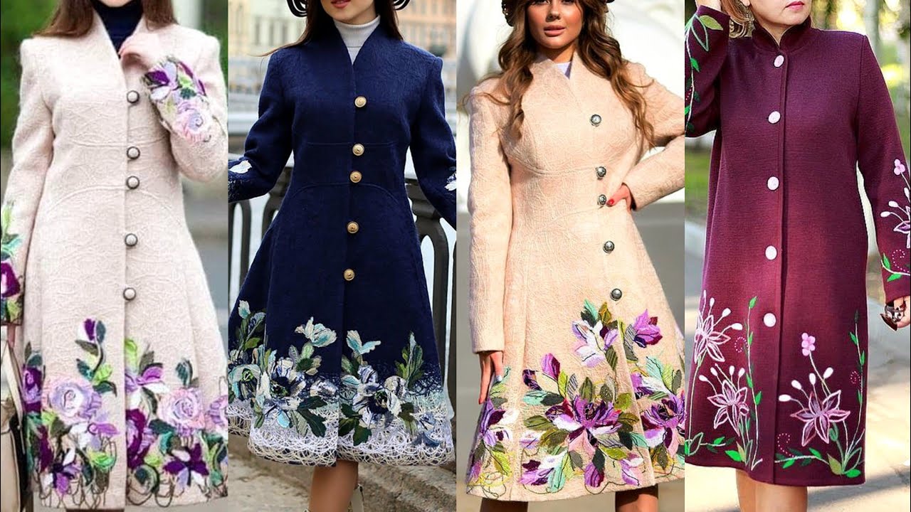 Super stylish & elegant wool tread embroidery women winter trench coat ...