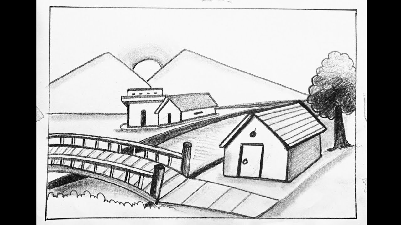 How to draw a very easy bridge scenery drawing with pencil - YouTube