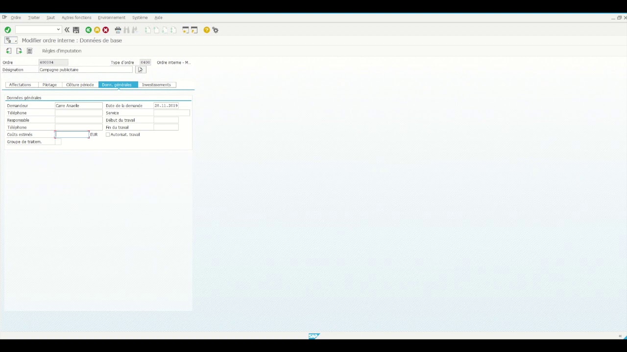 Transaction KO02 SAP - Modifier un Ordre Interne - YouTube
