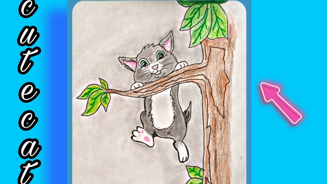How to draw a cute cat hanging on tree ||Cute cat drawing ||Meher ujala ...