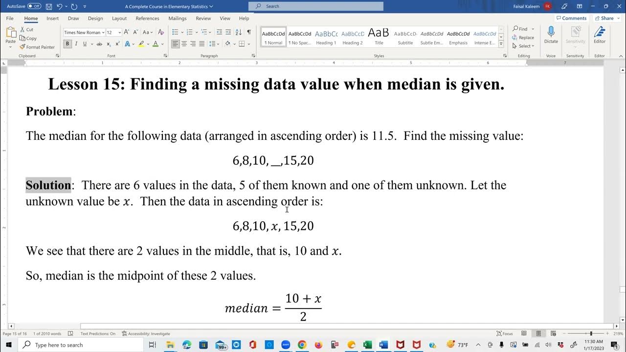 Elementary Stats Lesson 15: Finding a Missing Data Value if Median is Given (Section 3.1 Problem ...
