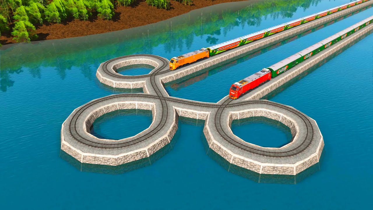 4 Trains Passing the Extreme Triple Loop Track in the Middle of a Lake🚦 ...