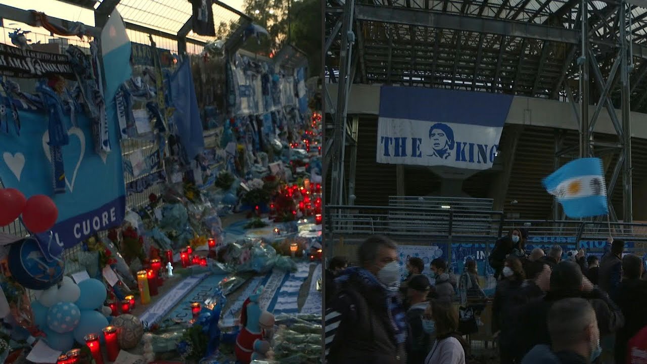 Napoli fans gather around San Paolo stadium, paying tribute to Maradona ...