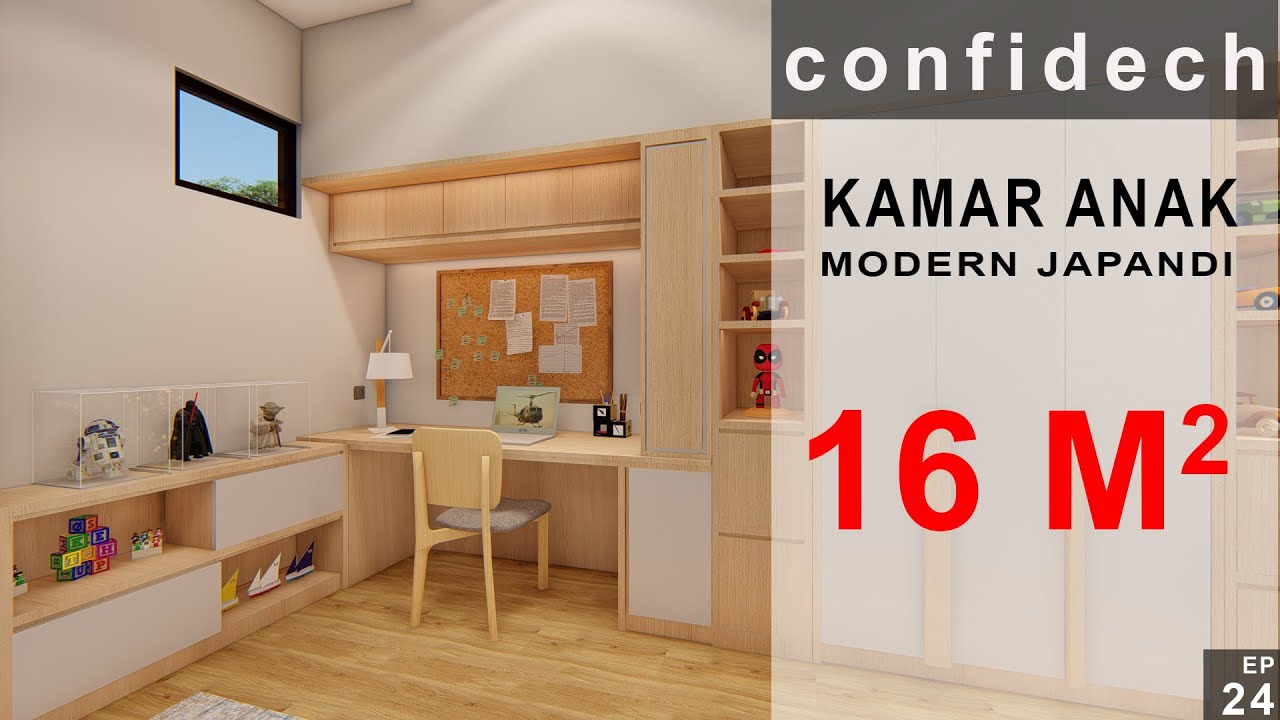 Desain Interior Kamar Tidur Anak Laki Laki 4x4 m Modern Japandi 16 m2 ...