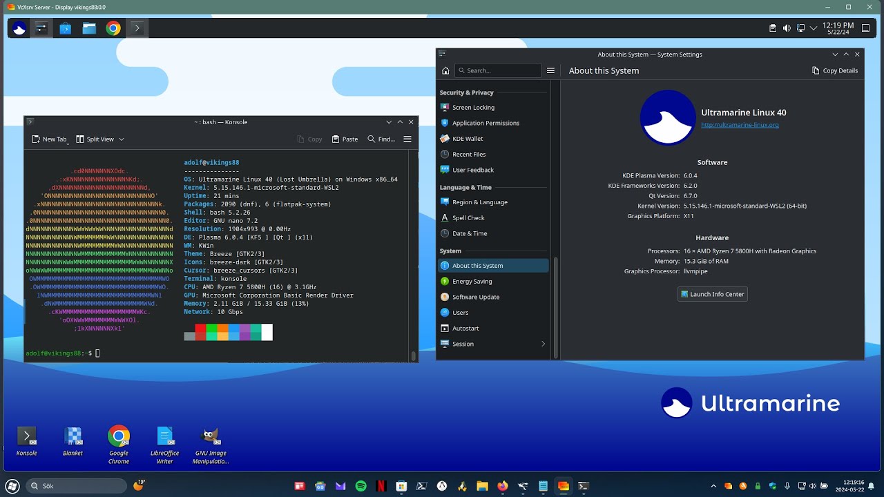 UltramarinE 40 - KDE Plasma Desktop - GWSL - Ultramarine via Windows 11 ...