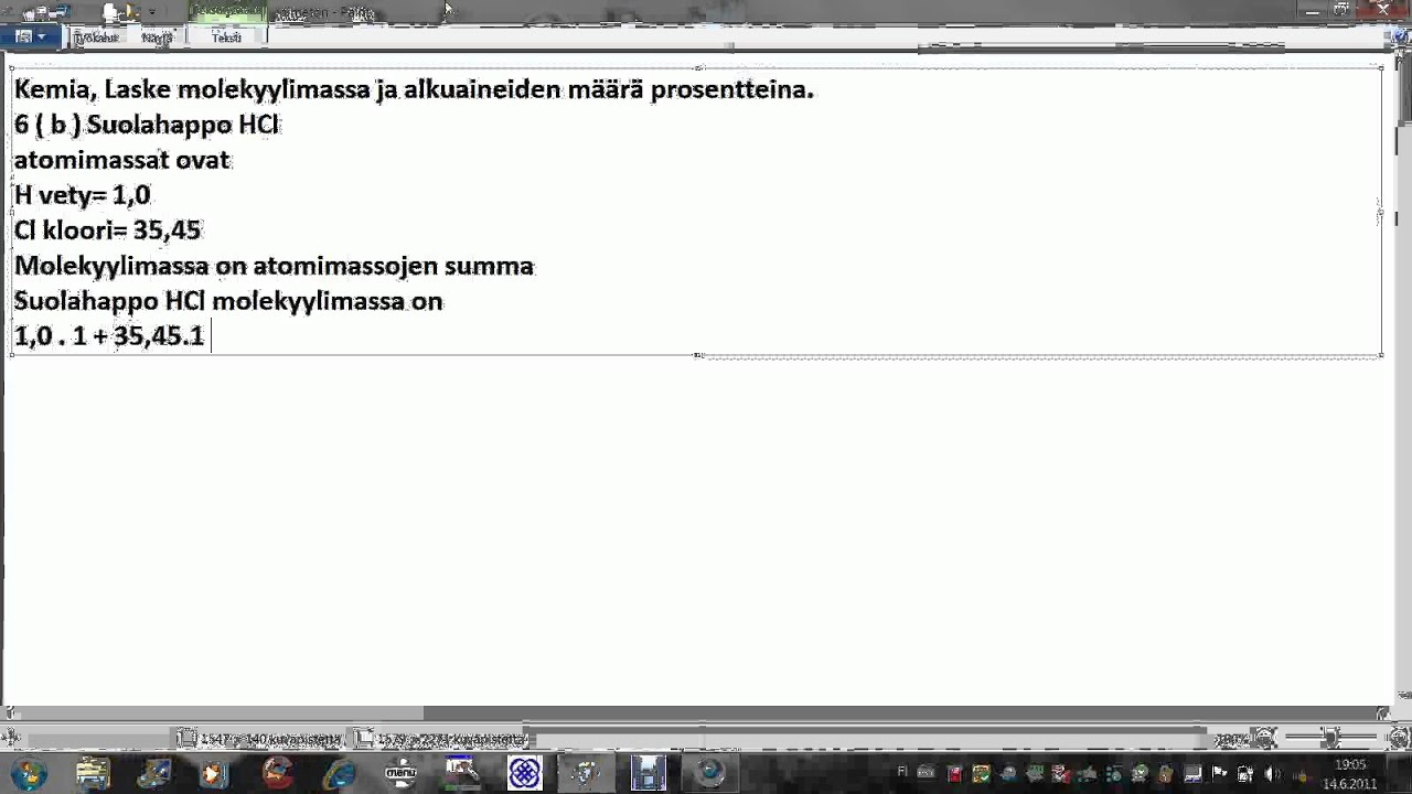 Kemia, suolahappo HCl molekyylimassa ja alkuaineiden määrä prosenteina ...