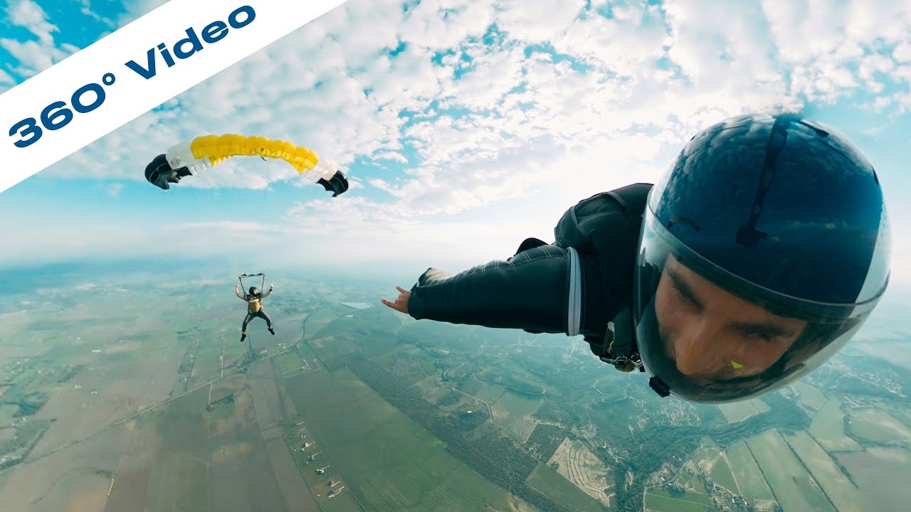 TWO Wingsuits fly by TWO Parachutes 🤯 360º/VR Skydive - YouTube