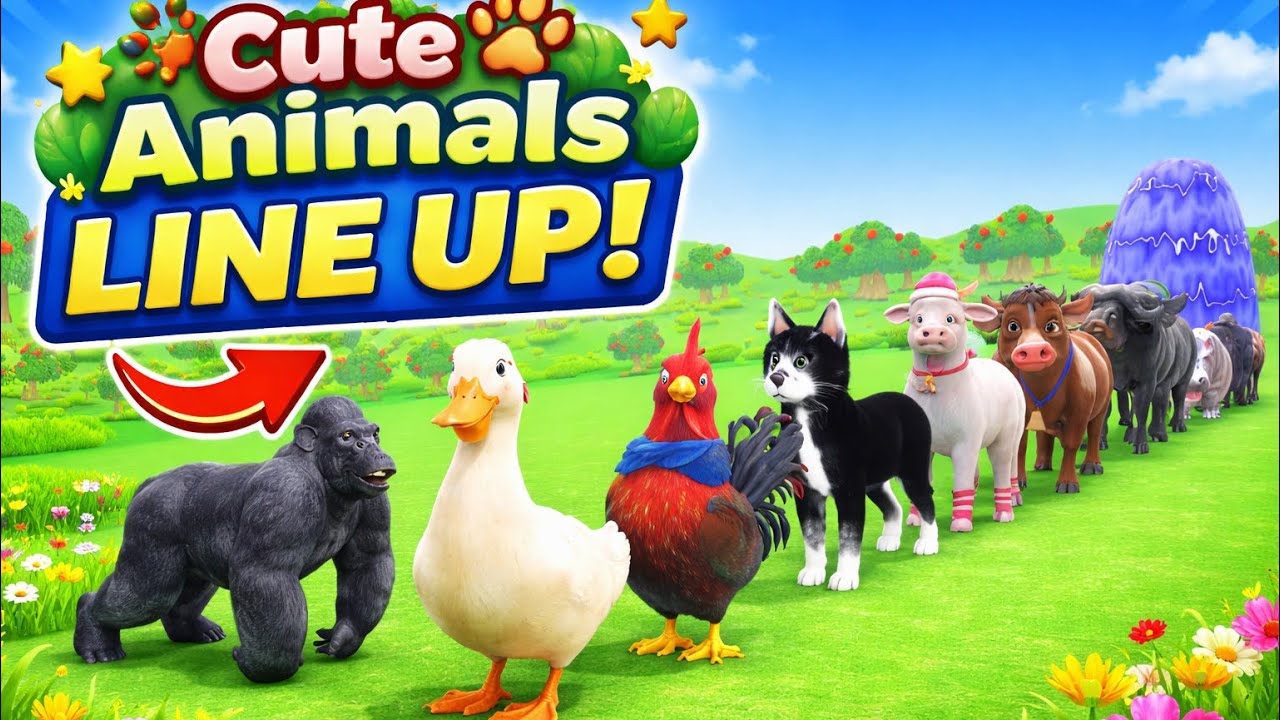 Cute Animals Line Up Game 🐶🐮🦆🦍 | Funny 3D Kids Cartoon - YouTube