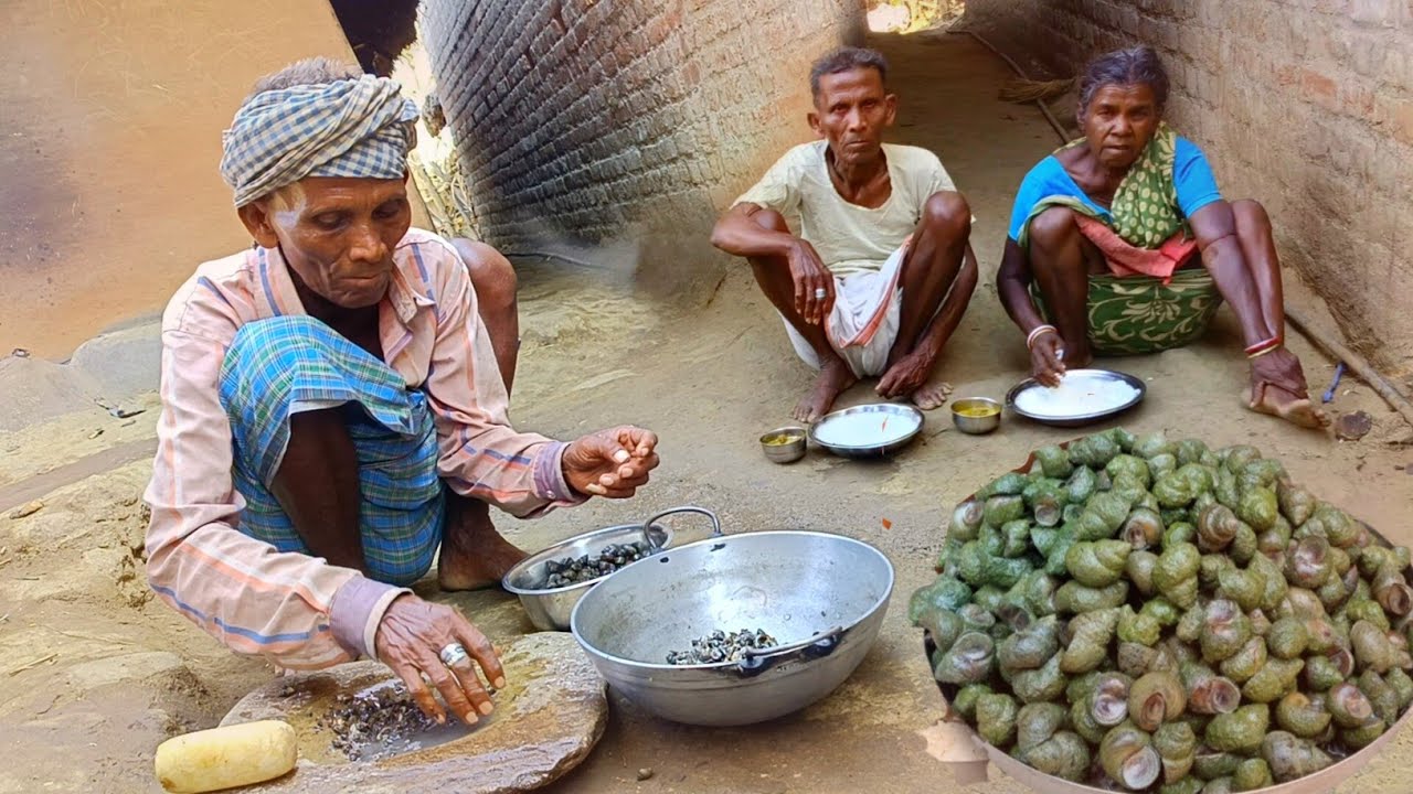 rural tribe old grandma & grandpa cooking small SNAIL curry with ...