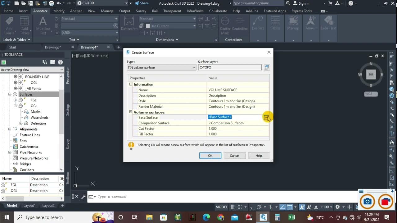 HOW TO OVERLAP OGL AND FGL TO CALCULATE VOLUME AND CUT FILL DATA IN AUTOCAD CIVIL3D - YouTube