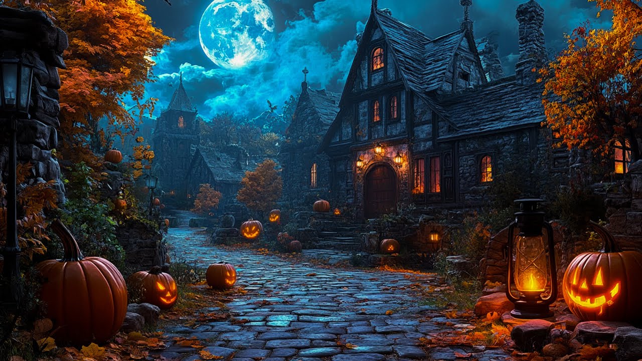 Cozy Autumn Village Halloween Ambience 🎃 Jack O' Lanterns 🎃 Spooky ...