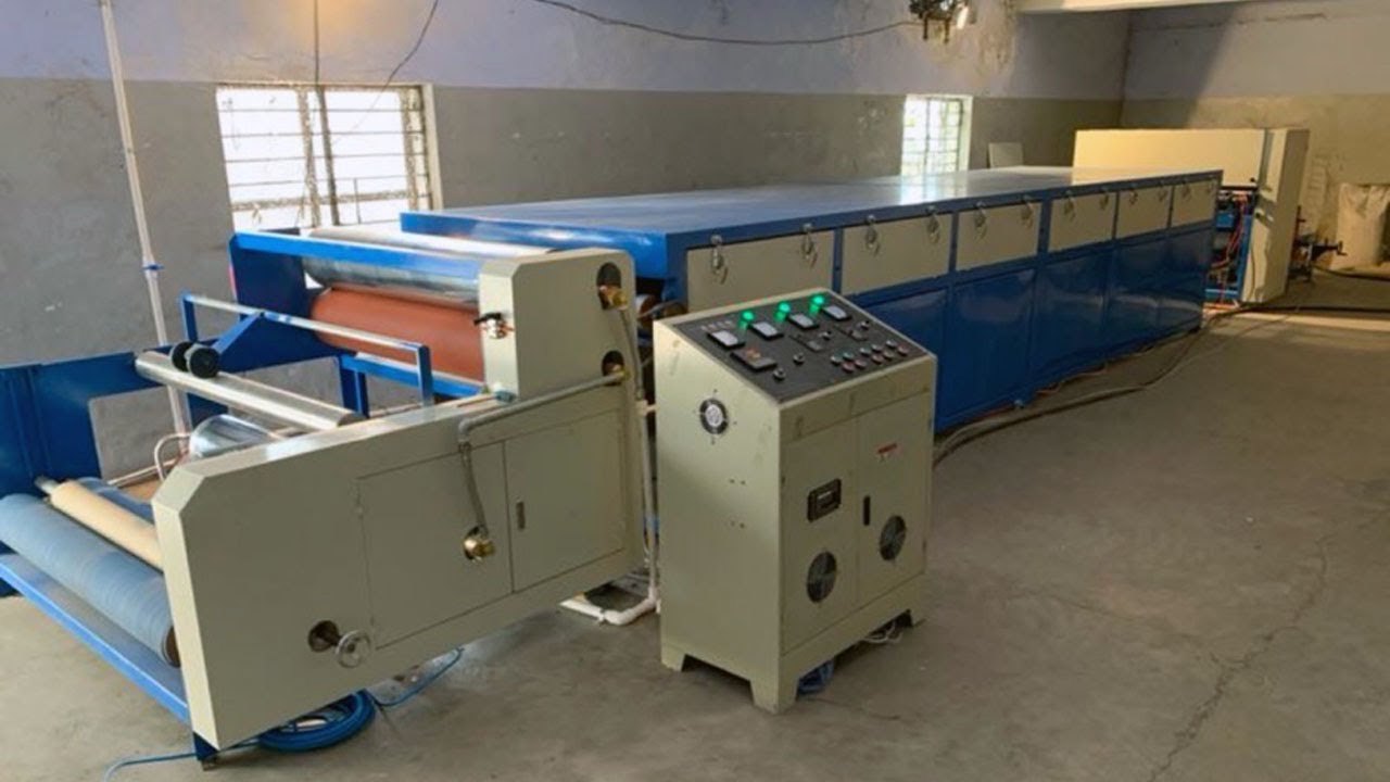 Powder scattering machine for interlining with hot melt adhesive - YouTube