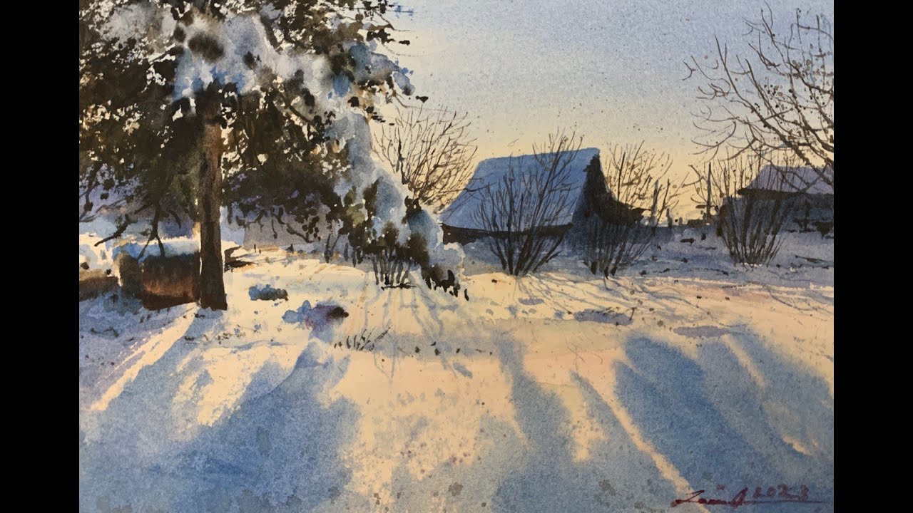 Watercolor painting tutorial - Snowy scene - YouTube
