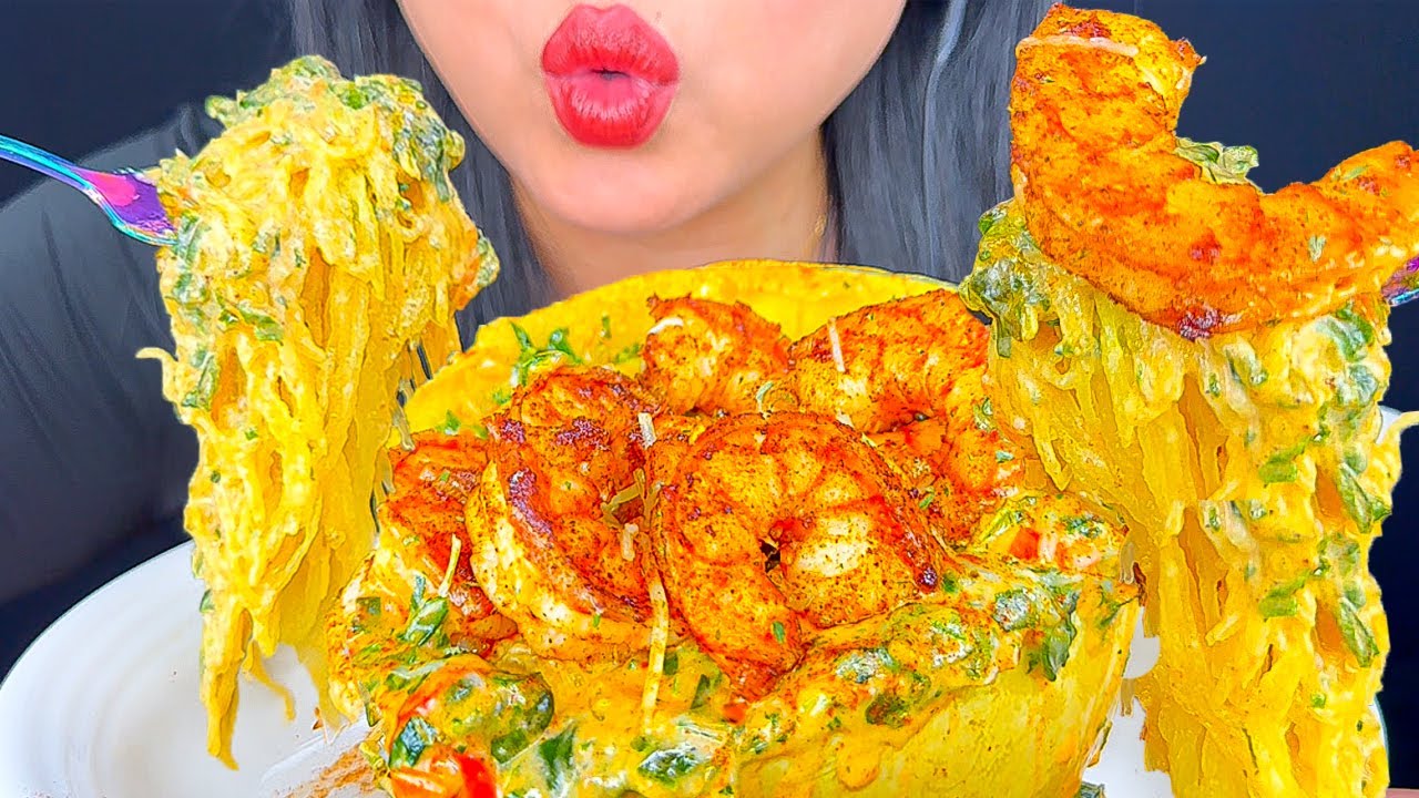 ASMR MARRY ME SHRIMP SPAGHETTI SQUASH | COOKING AND EATING SOUNDS ...