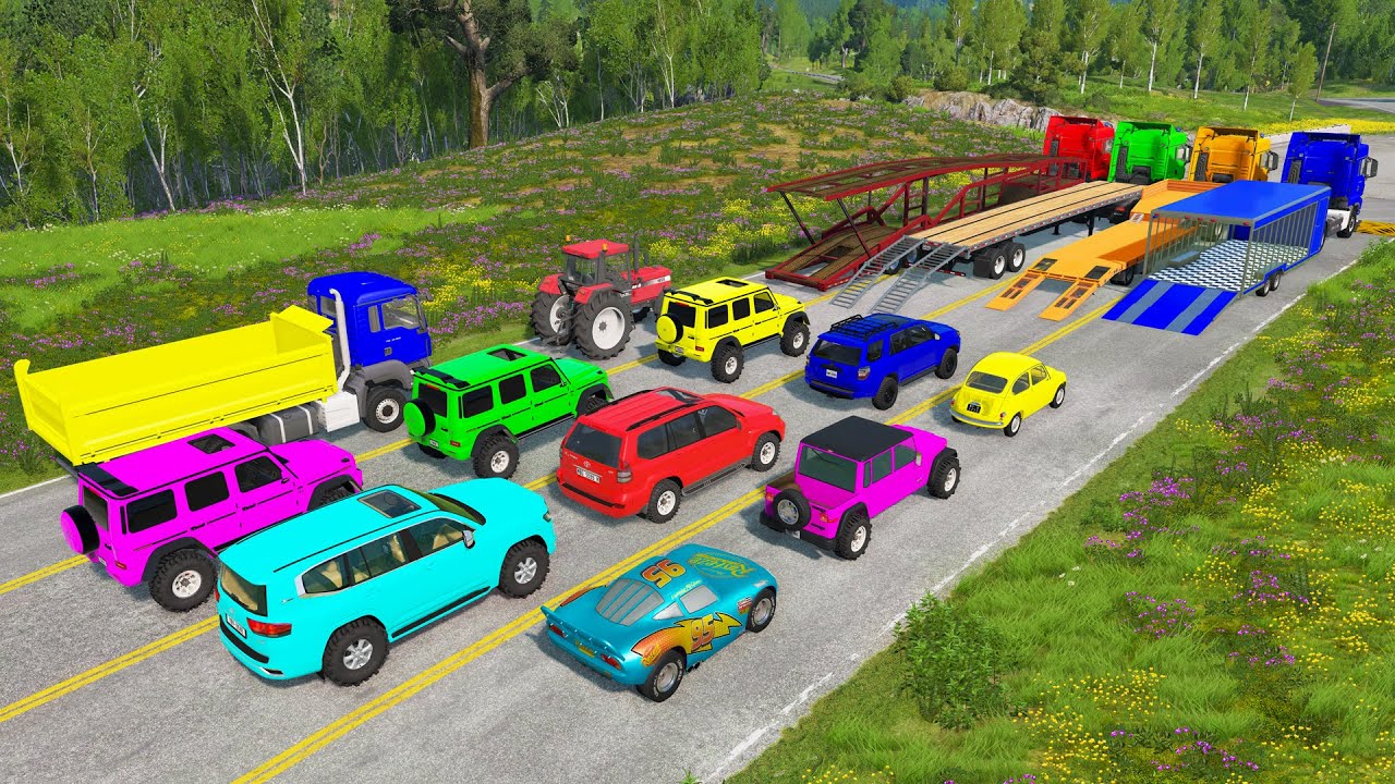 Flatbed Trailer Cars Transportation with Truck - Speedbumps vs Cars vs ...