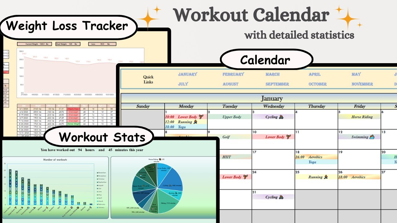 Workout Calendar spreadsheet with analytics for Google Sheets and Excel ...