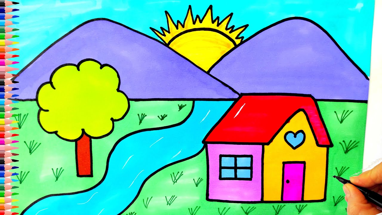 ÇOK KOLAY EV ve DOĞA RESMİ ÇİZİMİ - Ev Resmi Nasıl Çizilir? Kolay Ev ...