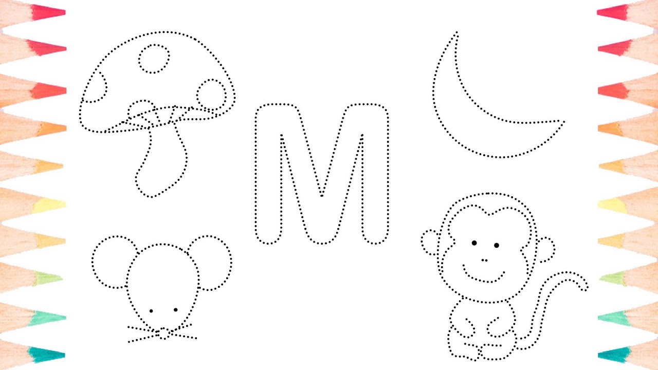 알파벳 M 점선 따라 쓰고 그림 그리고 색칠하면서 영어 단어를 배우기 Learn Alphabet M Words With