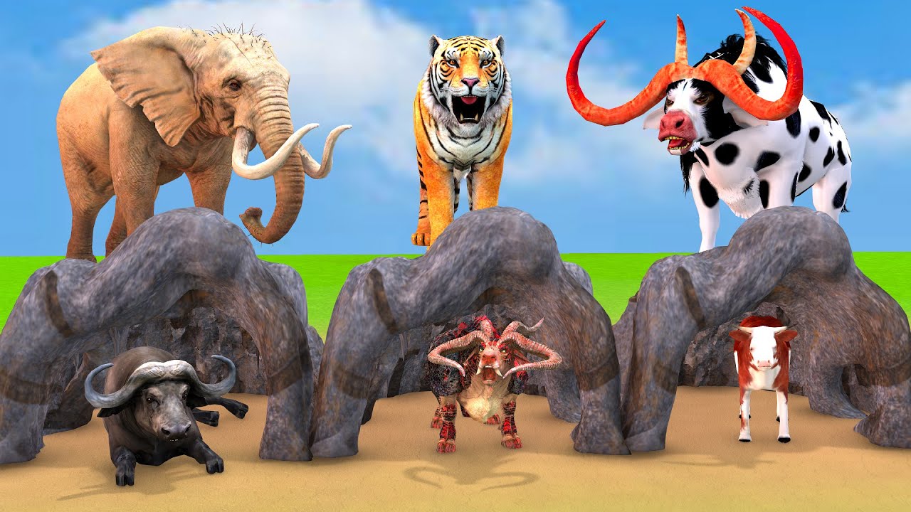 Monster Bull vs Zombie Tiger vs Giant Elephant Fight Cow Cartoon Bull ...