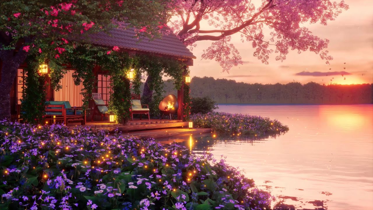 Springtime Sunset Ambience: Cozy Lake Cottage Relaxation 8 Hours Nature ...
