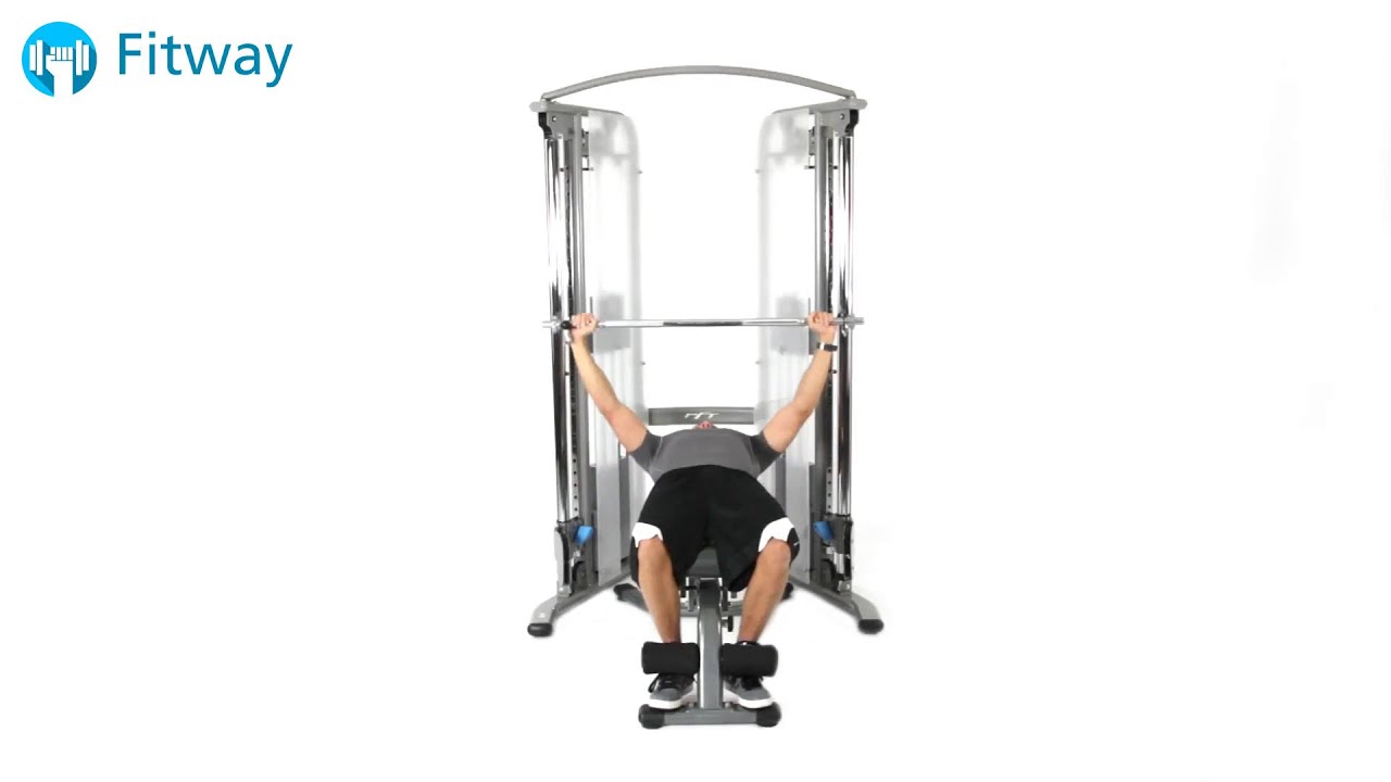 How To Do: Cable Bench Press - Flat Overhand Wide Grip Long Bar | Chest ...