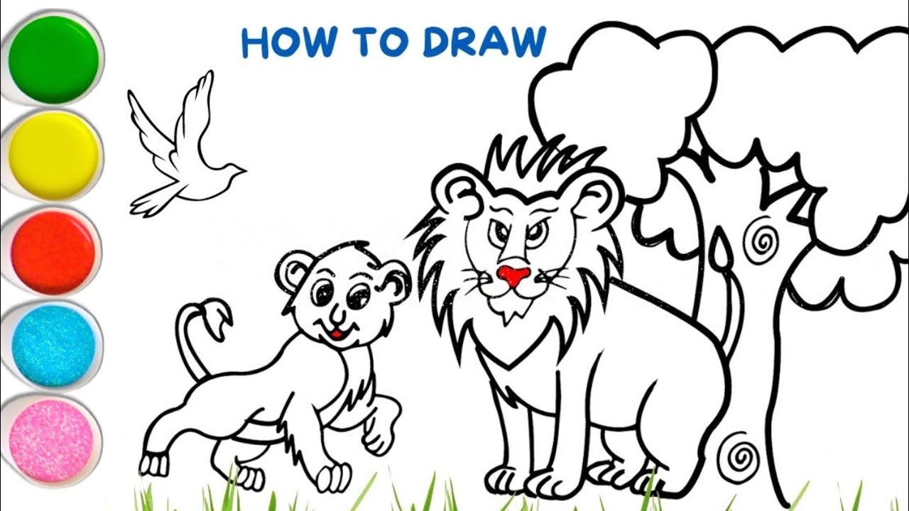 Drawing and Coloring a Lion Family for Kids and Toddlers | Step by Step ...