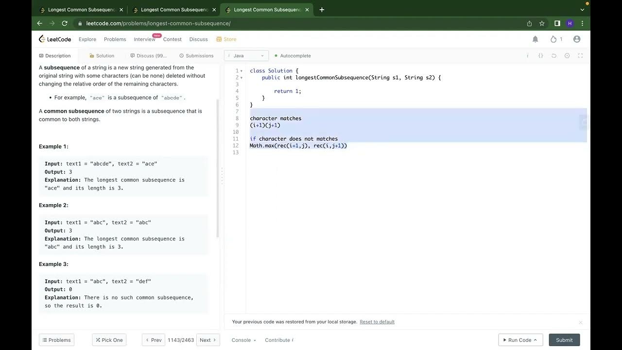 LeetCode problem longest common subsequence - YouTube