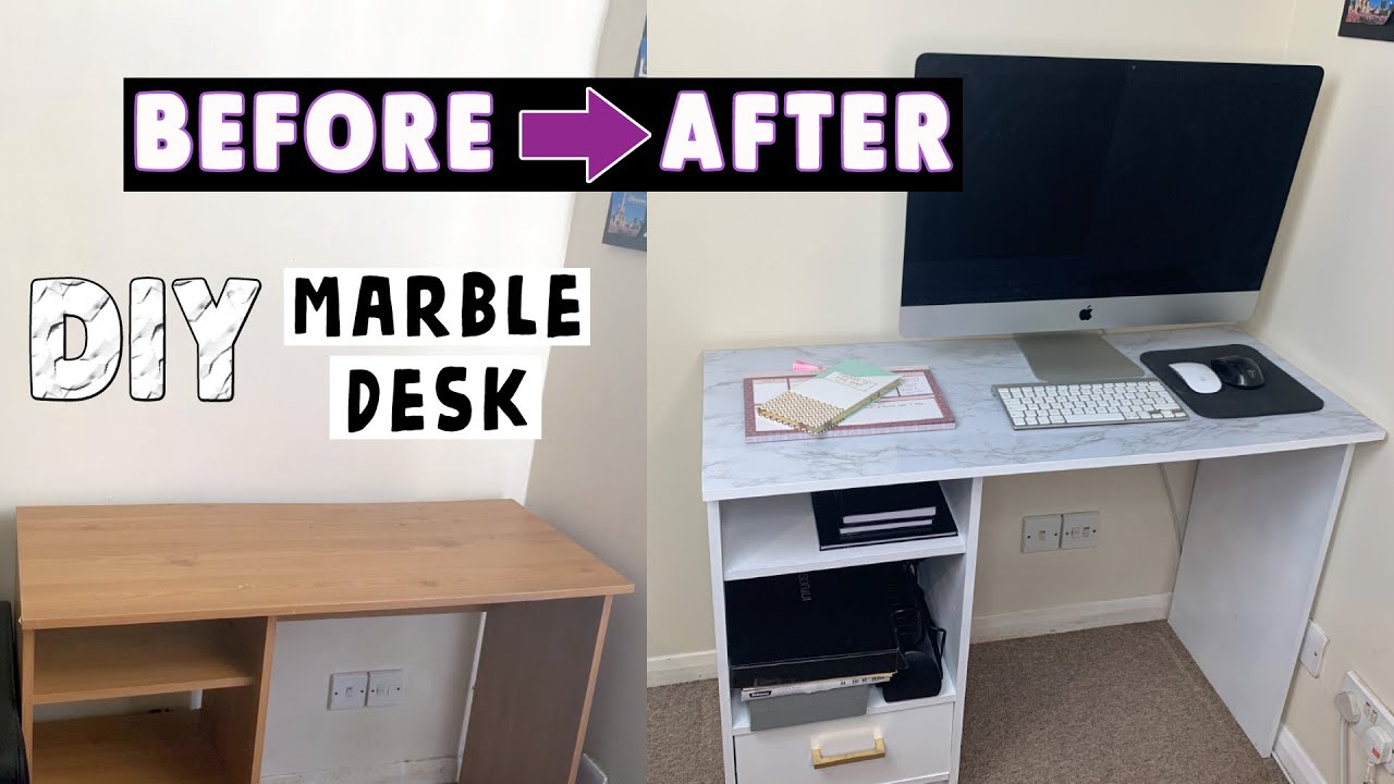 DIY MARBLE DESK | HOW TO DIY MARBLE TABLE | DESK MAKEOVER | HOME OFFICE ...