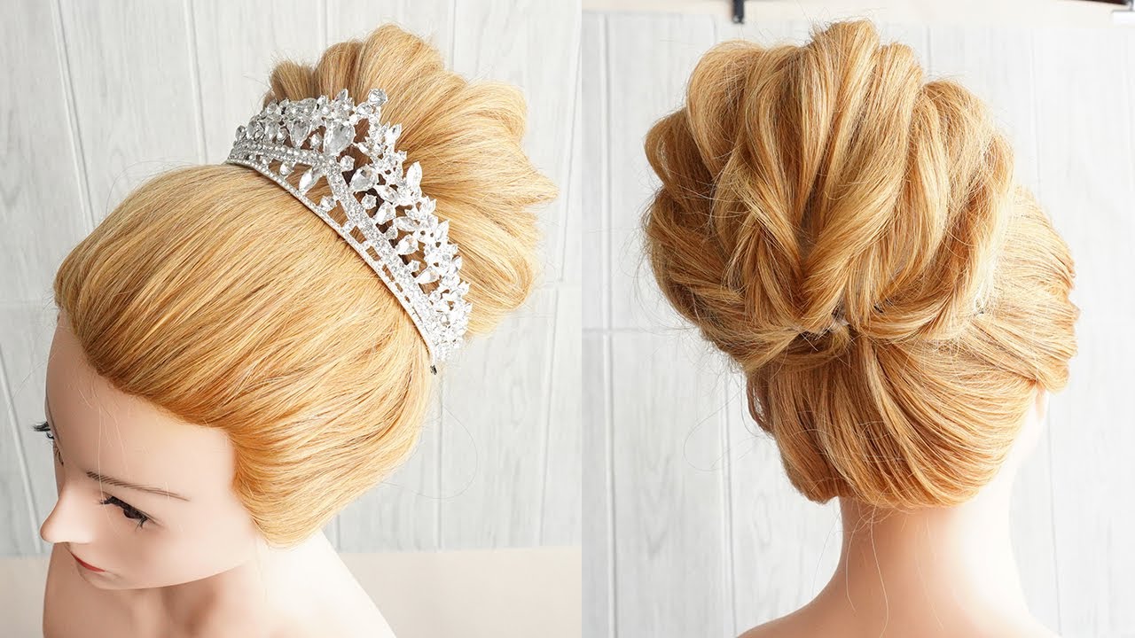 High Messy Bun Hairstyle For Wedding - Bridal Hairstyle With Crown ...