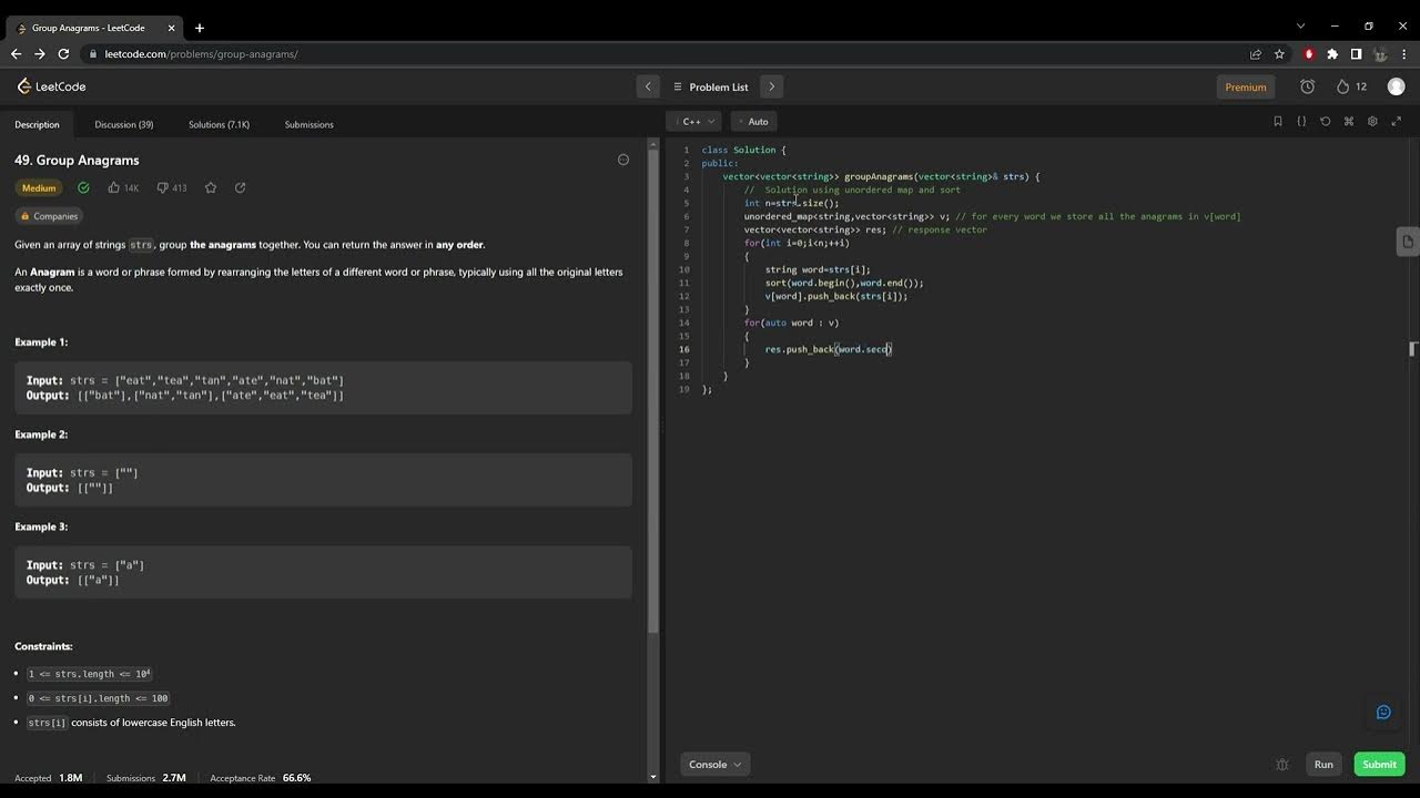 LeetCode Solution 49. Group Anagrams C++ - YouTube