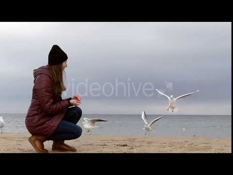 a Young Woman in Brown Coat, Black Hat and Jeans, Sitting and Feeding Seagulls in Slo-Mo.