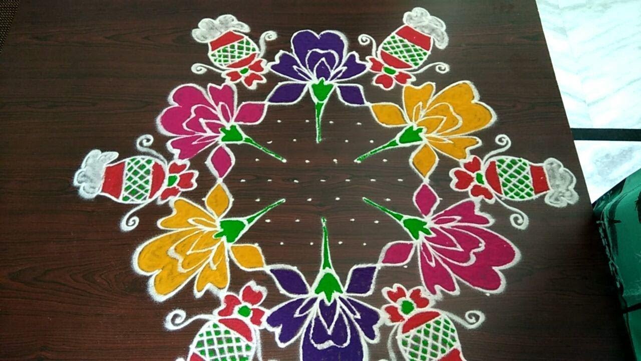 Sankranthi 17*9 (dots) chukkala muggu / pongal pot & flowers rangoli ...