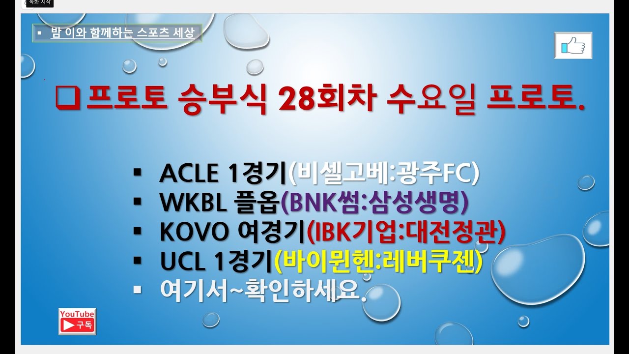 프로토 승부식 28회차 수요일 프로토//ACLE 1경기. WKBL 1경기. KOVO 여경기. UCL 1경기~참고들하시고 구매하세요. - YouTube