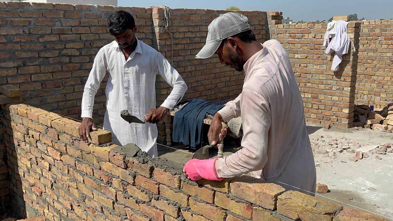 4 Inch Wall Construction | Two Masons & Two Laborers Complete Brickwork ...