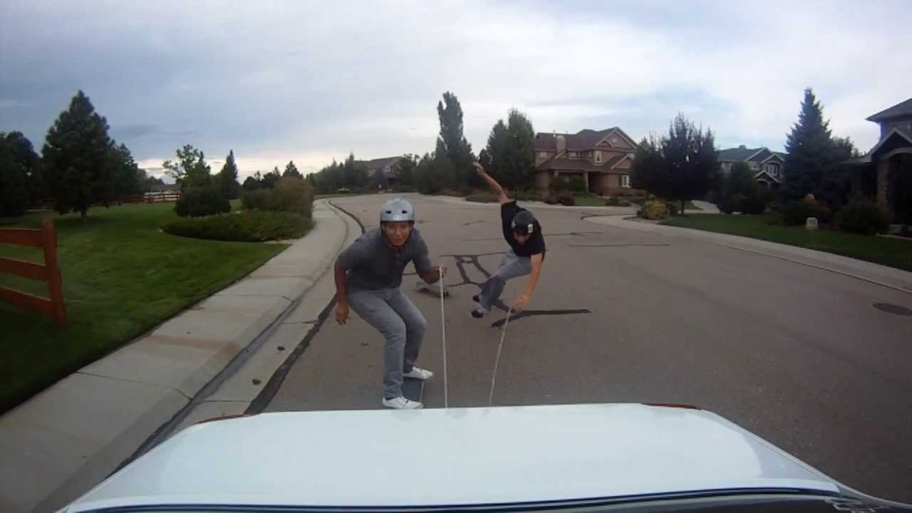 Skateboard car towing short - YouTube