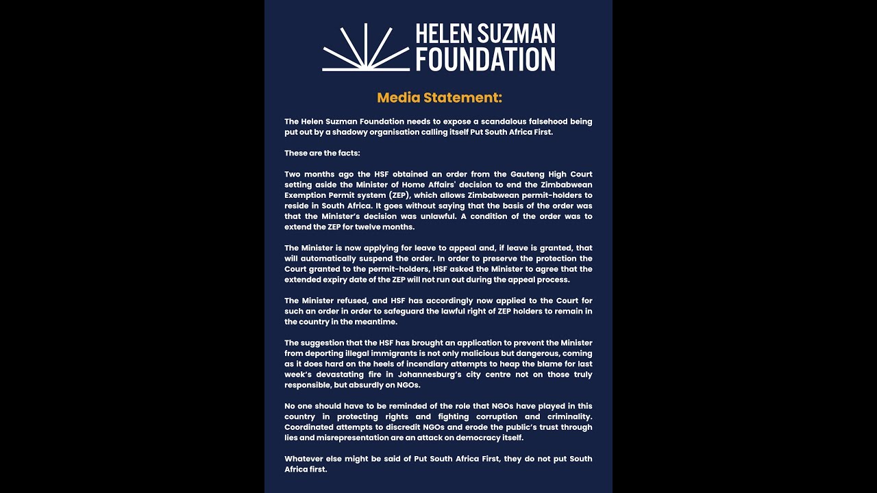 ZEP: Helen Suzman Foundation on claims it is fighting for non ...