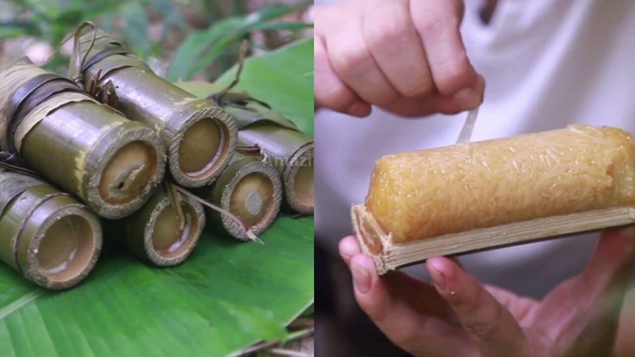 Bamboo Boil Rice Cooking in Forest - YouTube