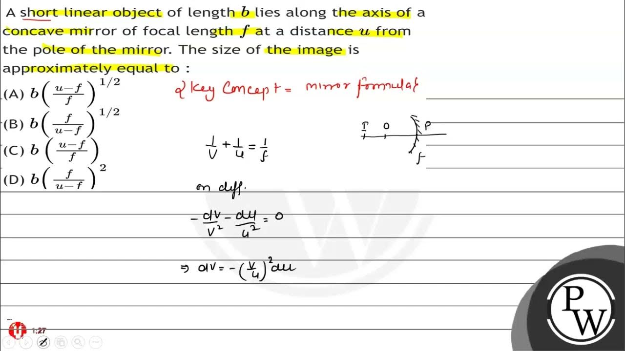 A short linear object of length \( b \) lies along the axis of a concave mirror of focal length ...