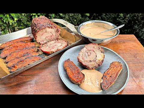 Pfefferspießbraten mit gebackenen Süßkartoffeln und Dip