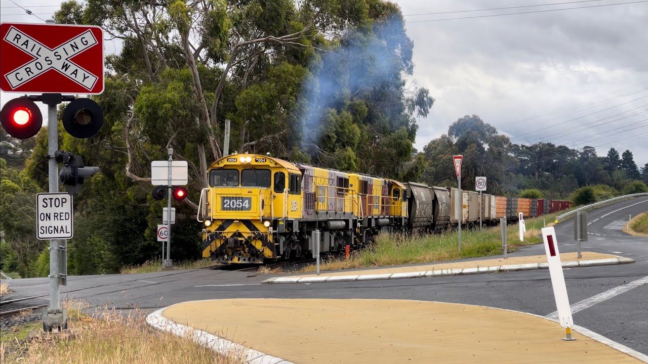 TasRail 2054 2051 #53 train crossing Opossum Road - YouTube