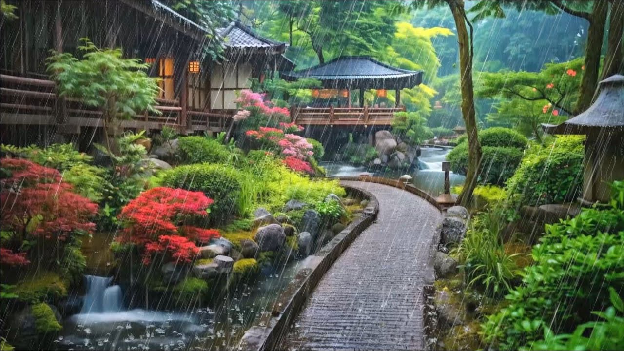 Healing Rain in a Japanese Zen Garden 🌺 Nature Rain Sound for Relaxing ...