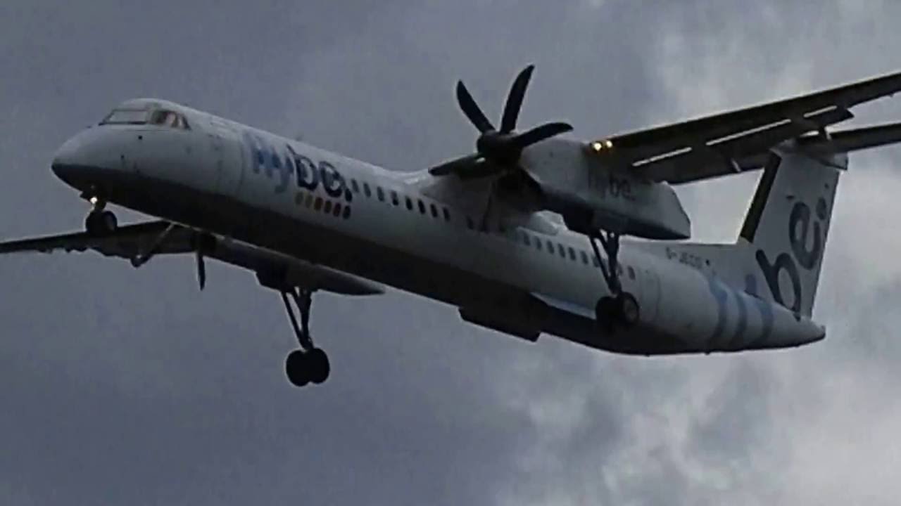 FlyBe Bombardier Dash-8 twin prop landing at Birmingham - YouTube