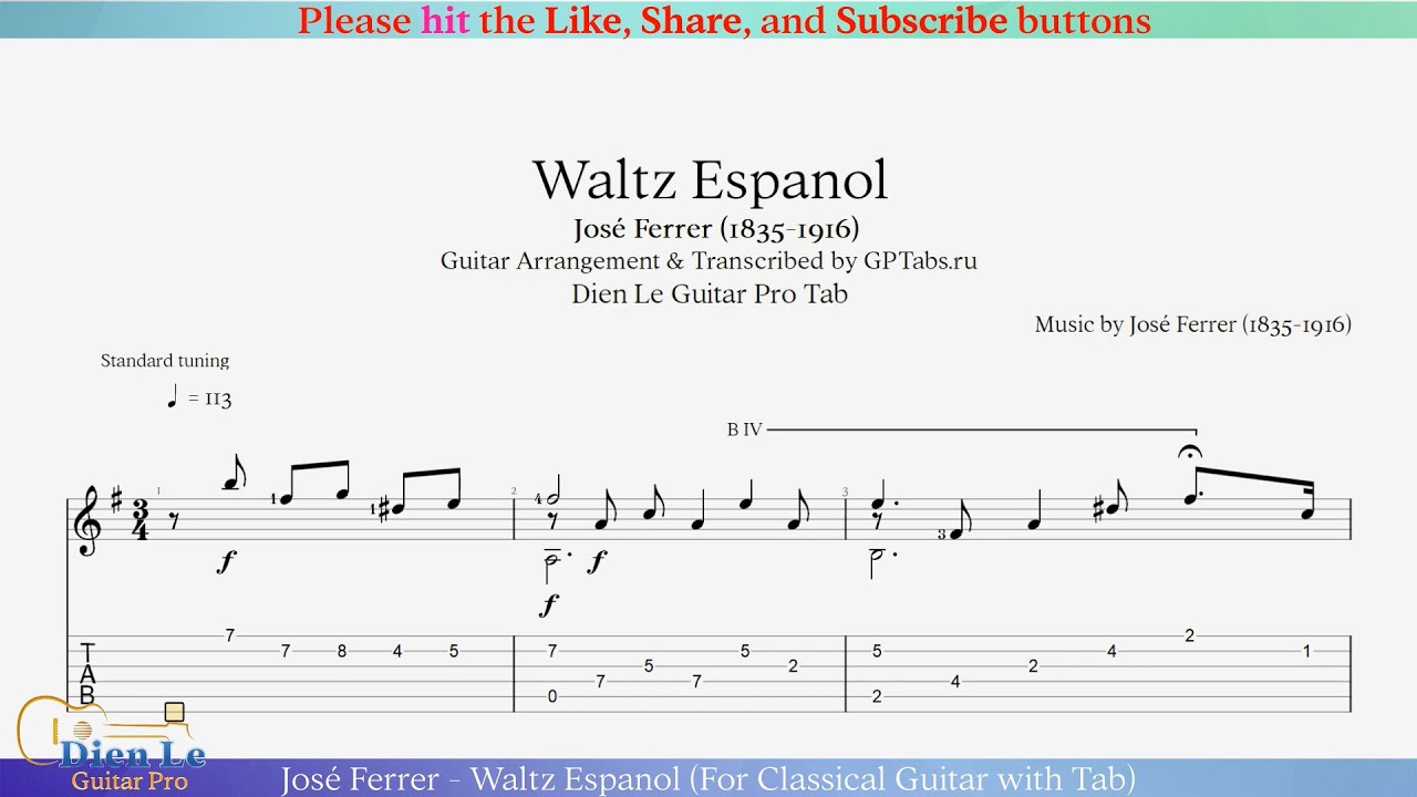 José Ferrer - Waltz Espanol (For Classical Guitar with Tab) - YouTube
