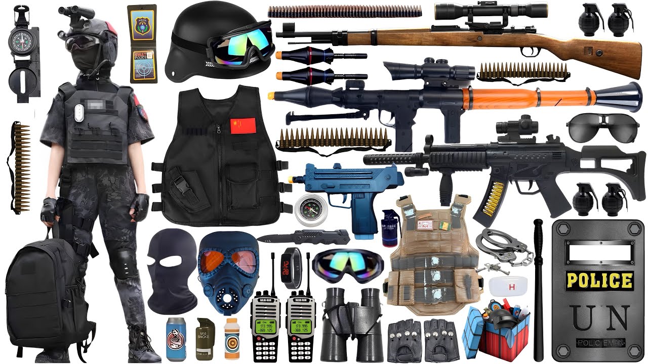 Special police weapon toy gun set unboxing, rocket launcher, 98K sniper ...