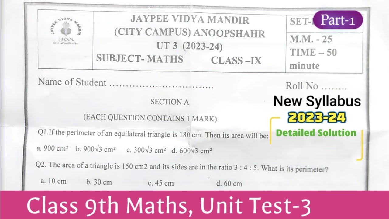 Class 9 Maths unit test 3 Paper solved | Pt 3 paper Maths full solution ...