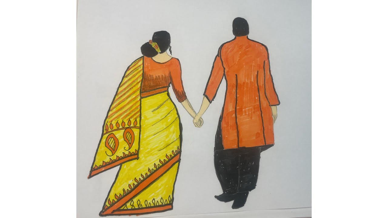 How to draw couple in pohela falgun. Pencil draw for beginner #easy # ...