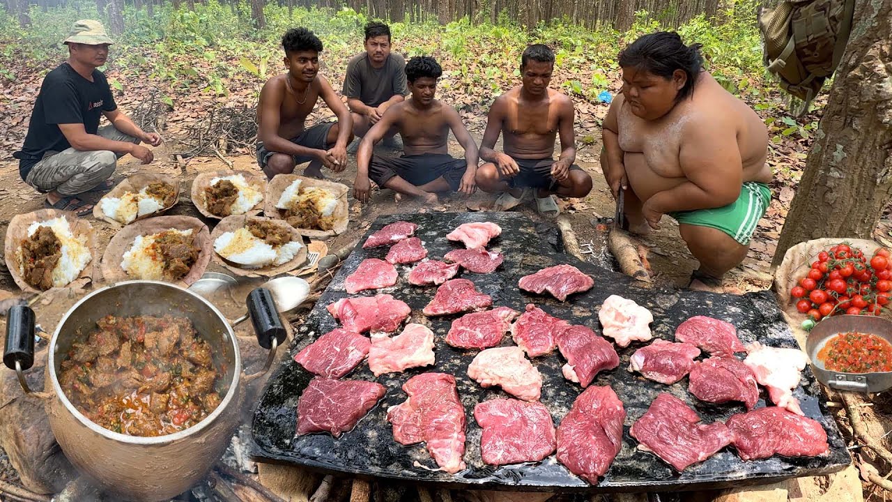 Outdoor Cooking Buff Meat on Hot Stone over Fire Rice with Spicy Juicy ...